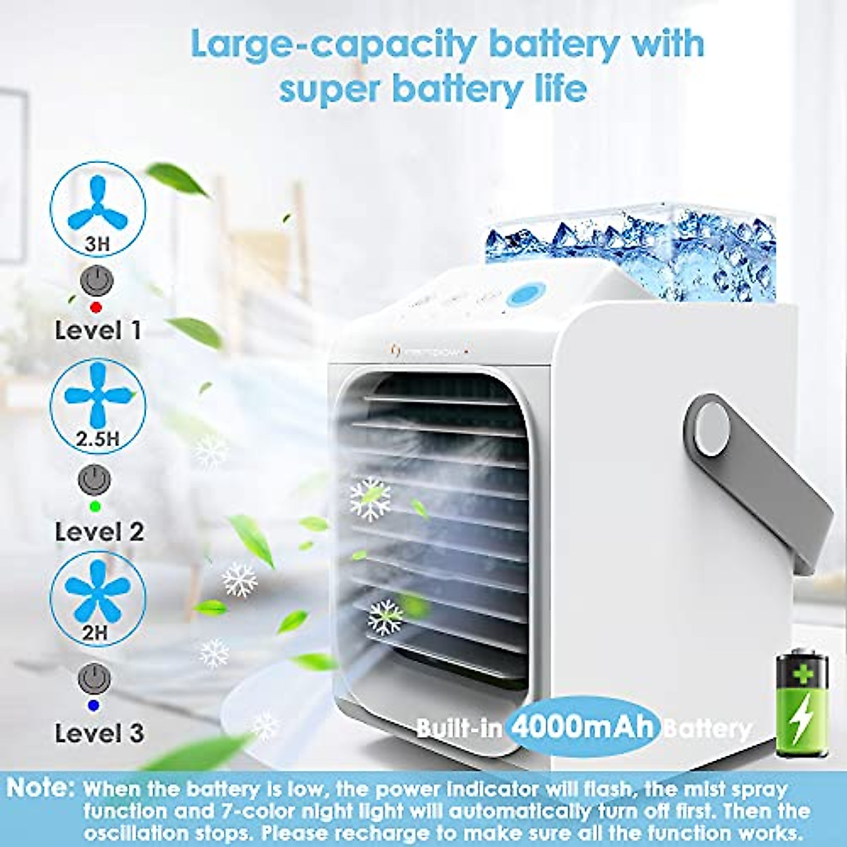 Portable Air Conditioners, Mini Air Conditioner Evaporative Air Cooler 90° Oscillating with 7 LED Lights, Rechargeable Fans for Room Office Outdoor Car Camping Tent