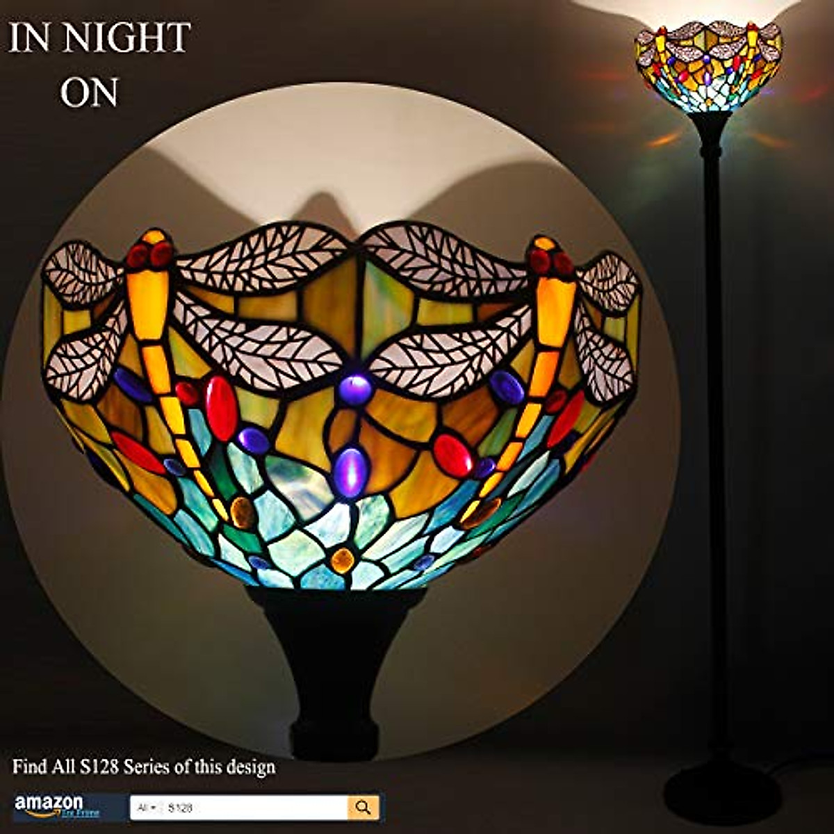 WERFACTORY Tiffany Floor Lamp Sea Blue Yellow Stained Glass Dragonfly Light 12X12X66 Inches Pole Torchiere Standing Corner Torch Uplight Decor Bedroom Living Room Home S128 Series