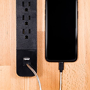 GE, Black, Power Strip Surge Protector, Charger, 4 Outlets, 2 USB Ports, Fast Charge, Flat Plug, Long Cord, 3ft, 37053, 3 Ft