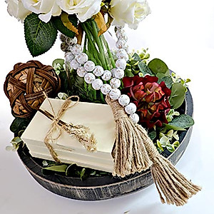 Farmhouse Wood Bead Garland Home Decor, Natural Wooden Garland for Tiered Tray, Decorative Tassel Garland for Tier Tray, Rustic Beads Centerpiece Boho Table Decor, Garland Beaded Accent White Washed