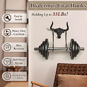 HYDERMUS Cast Iron Hooks Wall Mount 2 Pack Outdoor Western Decorative Wall Hooks Heavy Duty Towel Hooks for Bathroom Entryway Closet Cow Bull Animal Hooks Wall Decor, Antique Rust