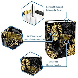 Glod Color Leave Print Collapsible Laundry Hamper, 60L Waterproof Laundry Baskets Washing Bin Clothes Toys Storage for Dorm Bathroom Bedroom