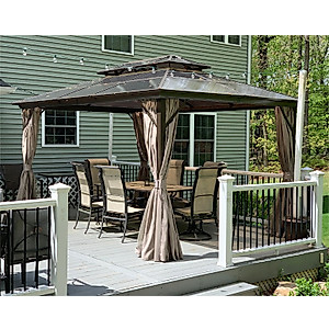 EROMMY 10'x13' Gazebo Polycarbonate Double Roof Canopy Outdoor Aluminum Frame Pergolas with Netting and Curtains for Garden Patio Lawns Parties