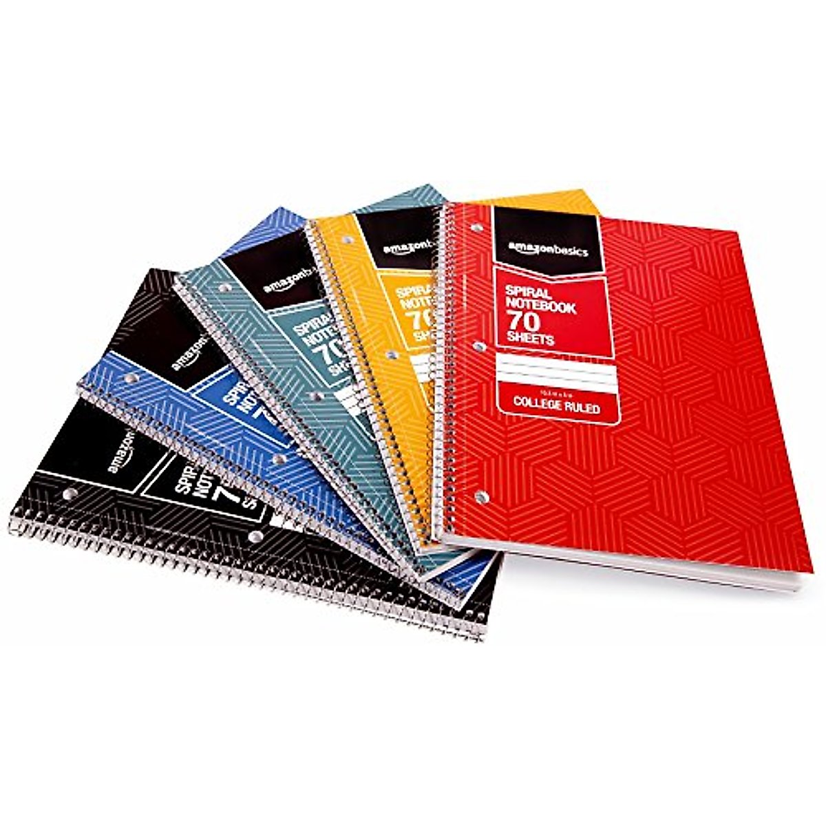 Amazon Basics College Ruled Wirebound Spiral Notebook, 70 Sheet - 5-Pack, Assorted Sunburst Pattern Colors