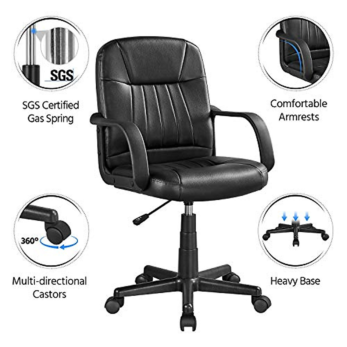 Yaheetech Office Chair Task Chair Mid-Back Executive Desk Chair PU Leather Ergonomic Computer Chair with Armrest, Black