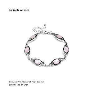 Silvershake 8x6mm Oval Pink Mother of Pearl 925 Sterling Silver Leaf Vintage Inspired 7 to 8.5 Inch Adjustable Bracelet
