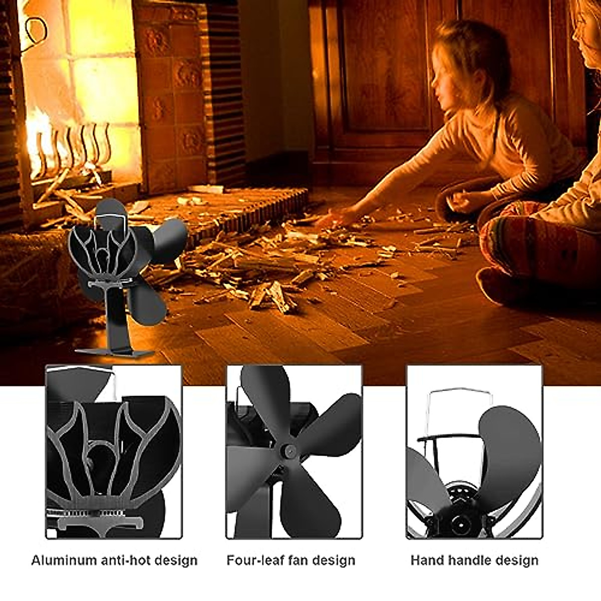 Stove Fan, 4-Leaves Heat Powered Wood Stove Fan, Energy-Saving Fireplace Fan, Thermoelectric Fan Eco Fans, Fireplace Blower Fan Kit for Log Burner
