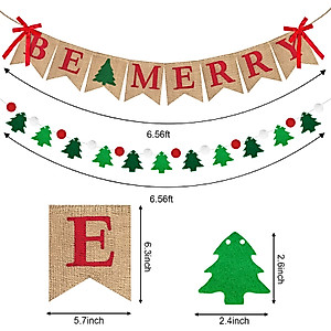 2Pcs Merry Christmas Banner, Be Merry Burlap Banner Felt Ball Christmas Tree Pom Pom Garland Happy Holidays Banner for Mantle Fireplace Christmas Xmas Party Holiday Decorations Home Outdoor Indoor