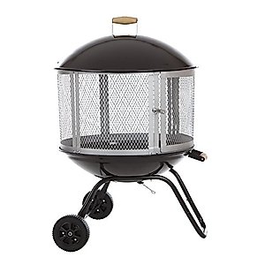 Fire Sense 01471 Fire Pit Bessemer Rolling Patio Fireplace Wooden Bonfire Porcelain Enamel Wood Burning with Wheels & Handle Grip for Outdoor Entertaining - Black & Silver - 28"