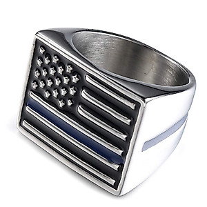 Sping Jewelry Blue Line USA Flag Ring Black American Police Flags Signet Biker Band
