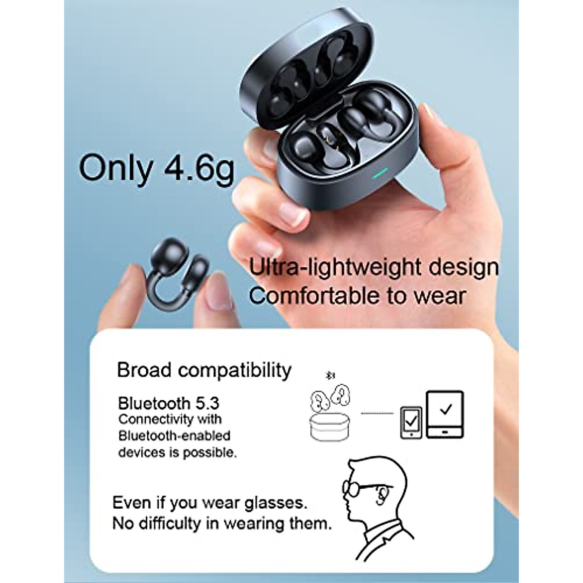 Ear-Clip Bone Conduction Headphones Bluetooth 5.3, Painless Wireless Open Ear Clip on Headphone,Waterproof Mini Sport Running Earring Earphone, Noise Cancelling/HiFi Quality/Long Battery Life