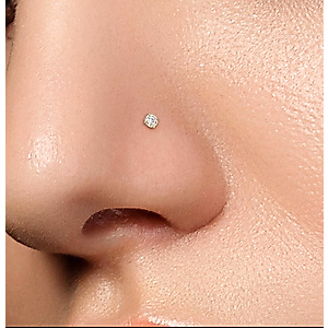 1.5mm Round Cz Gemstne 22 Gauge 9K Solid Yellow Gold L-Shaped Jeweled Nose Stud Piercing Jewelry