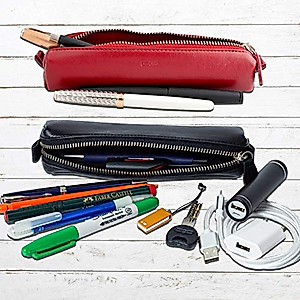 DiLoro Leather Zippered Fountain Ballpoint Rollerball Pens and Pencils Case Holder Pouch Genuine Full Grain Soft Nappa Leather (Red)