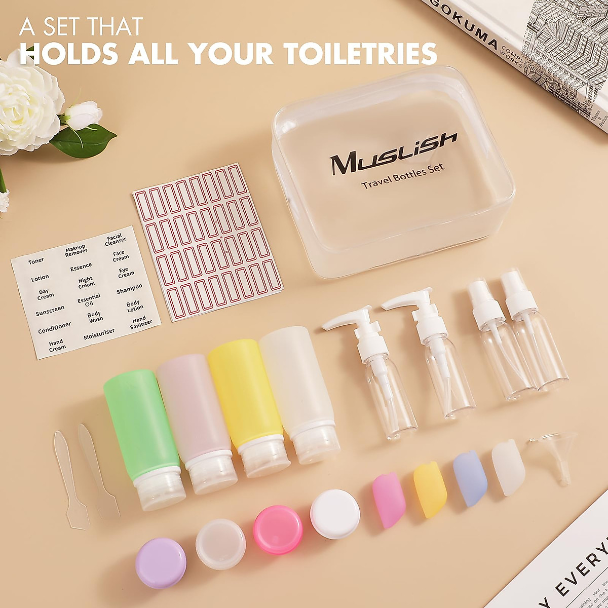Muslish 21 Pack Leak Proof Silicone Travel Bottles Set, TSA Approved Containers for Toiletries, Travel Size Accessories and Shampoo Conditioner Bottles with Toiletry Bag (BPA Free)