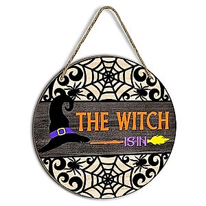 Halloween Wall Hanging Plaque Home Decor The Witch is in Sign, Wood Art Sign Plaque for Halloween Front Door Decor, Outdoor Indoor Halloween Wood Hanging Sign for Porch Window Hallway Garden -15