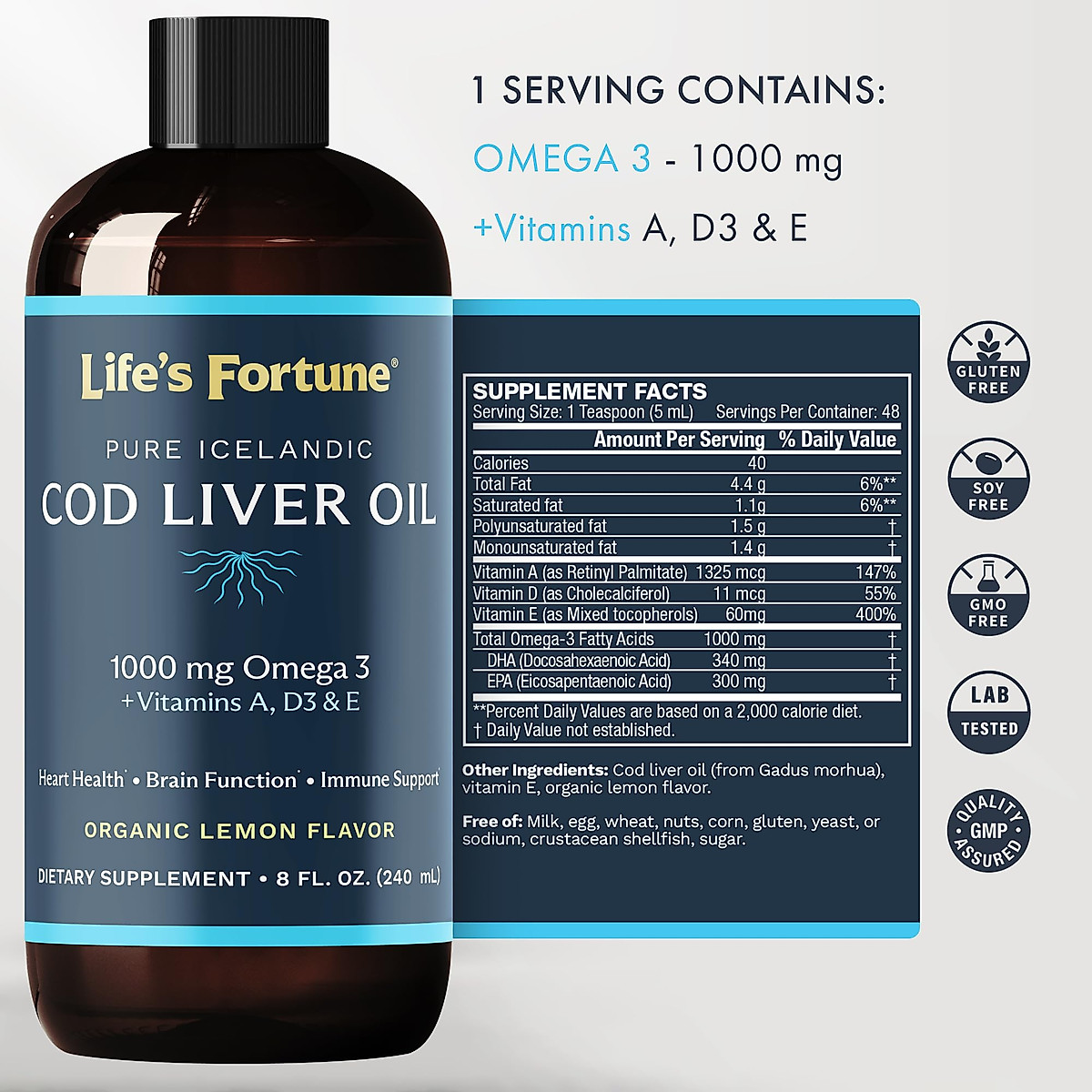 Life's Fortune Cod Liver Oil liquid Organic Lemon Flavor (8 Oz) 1,000 mg Omega + Vitamin A, E & D3 - Supports Immune Health - 100% Fish Oil Supplement from Wild Ocean Cod-GMO Free