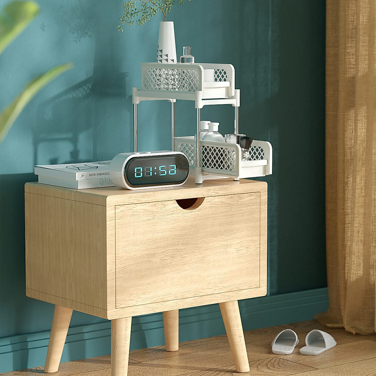 Under Sink Organizers and Storage,2 Tier Pull Out Bathroom Sink Organizer, Sliding Cabinet Basket Organizer with 4 Hooks,2 Hanging Cups, Under Sink Storage for Bathroom, Kitchen, Cleaning Supplies.