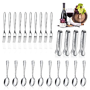 24 Pieces Charcuterie Accessories for Party, Appetizer Forks and Spoons Stainless Steel Charcuterie Utensils Mini Serving Tongs for Valentines Party Salad Dessert Cocktail (Silver, Vivid Sharp Spoon)