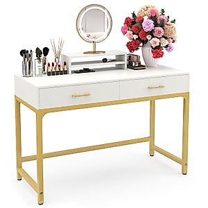 WESTREE Women Makeup Vanity Desk with 2 Drawers - Bedroom Home Office Desk, Wooden Height Monitor Stand & Storage Shelf Without Mirror, White Table Great Gift for Her