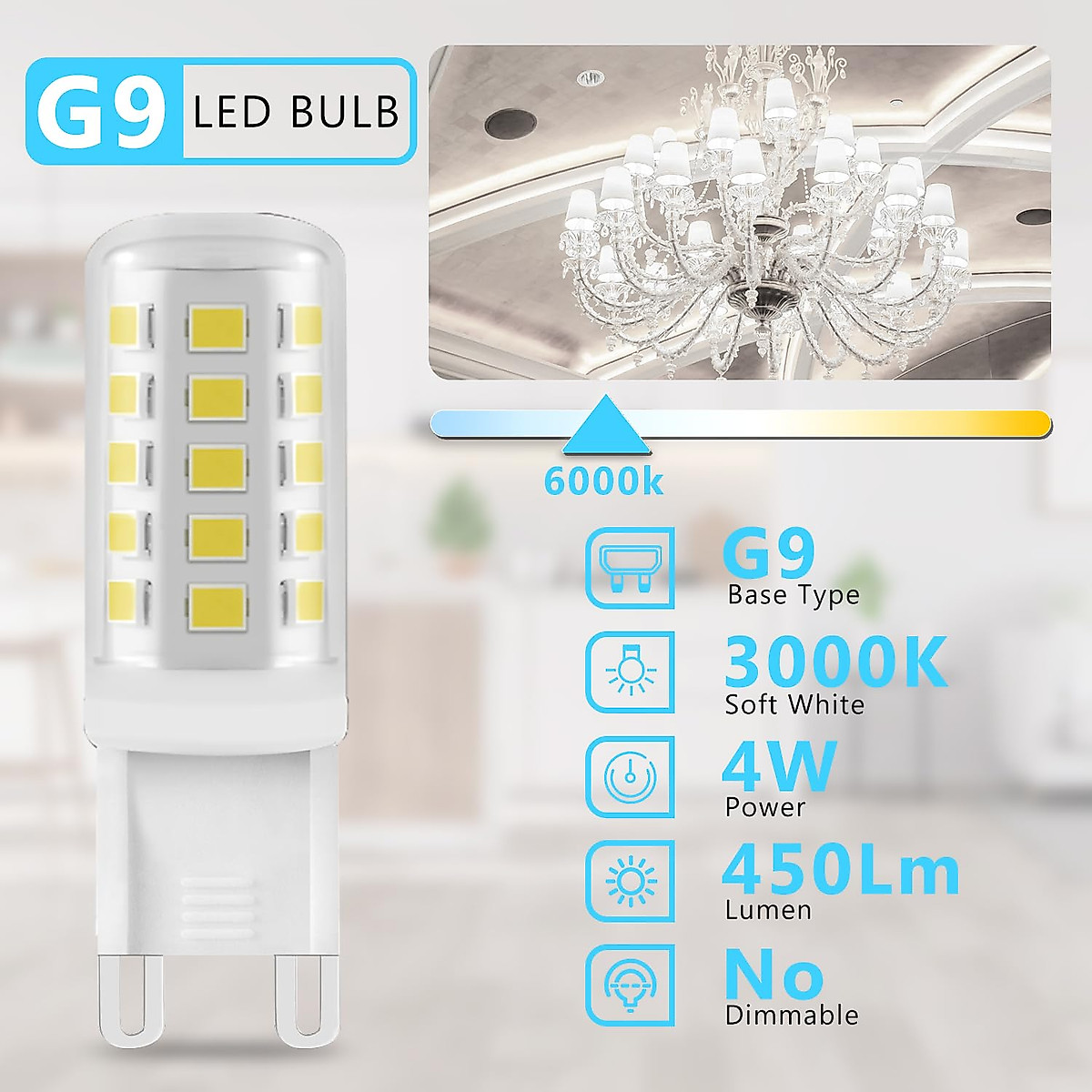 DAYBETTER G9 Led Bulb 12Pack 6000K Daylight White 4W, Equivalen G9 Halogen Light Bulb 40 Watt, T4 G9 Bi Pin Ceramic Base, 120V 450LM No-Flicker 360° Beam Angle Non-Dimmable, G9 Bulb for Chandeliers