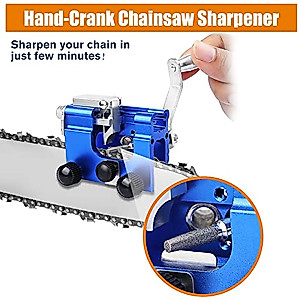 Dawitrly Chainsaw Sharpener Kit, Portable Aluminum Alloy Chain Saw Blade Sharpening Jig Tool with Hand Crank and 3Pcs Grinding Heads Suitable for Electric Saws Lumberjack, Garden Worker Blue