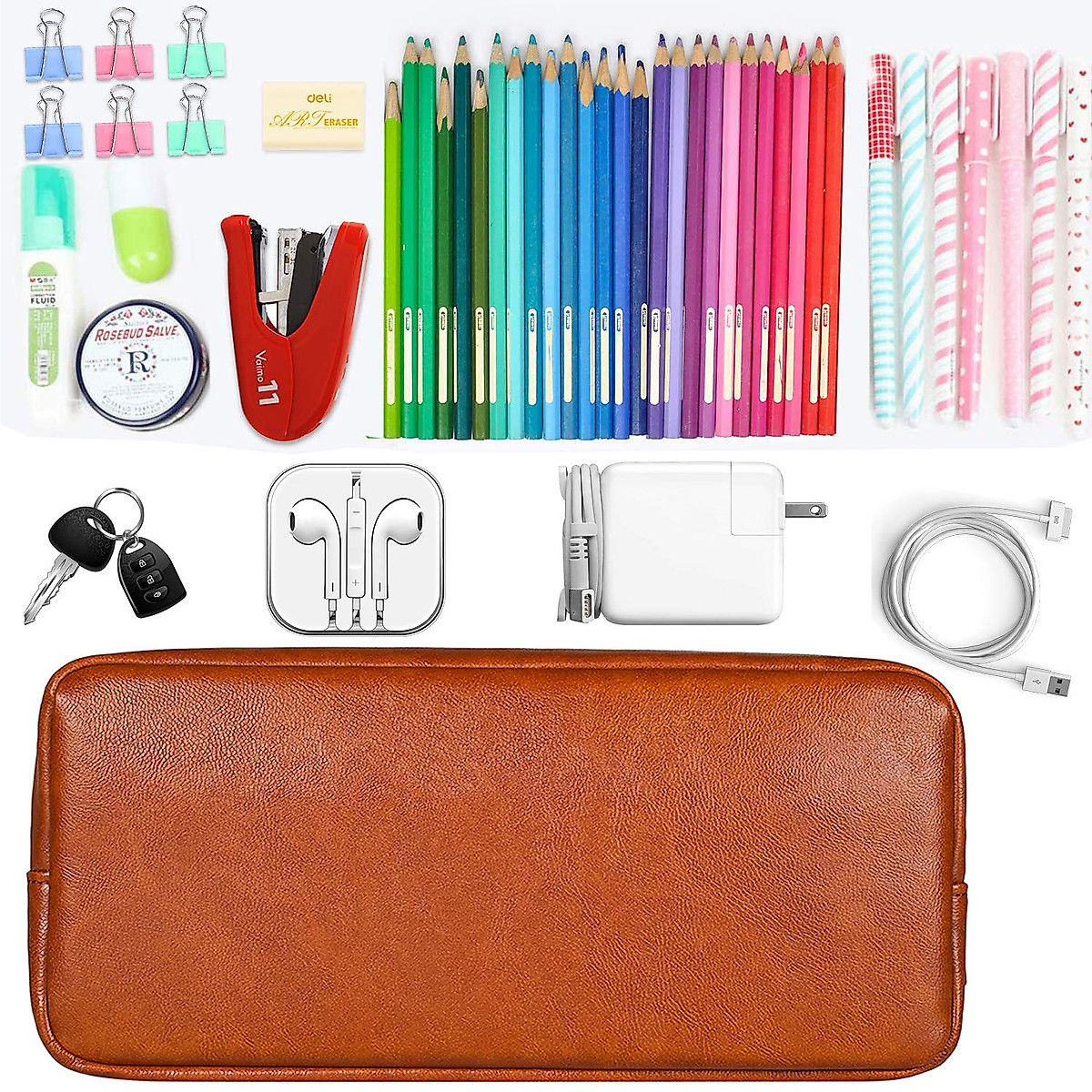 PU Leather Pencil Bag Pen Case, Large Capacity Stationery Pouch Pencil Holder Desk Organizer, Portable Pencils Pens Pouch for Electronic Organizer and Office Supplies (Brown)