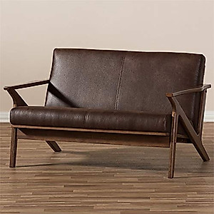 Baxton Studio Bianca Mid-Century Modern Walnut Wood Dark Brown Distressed Faux Leather 2-Seater Loveseat