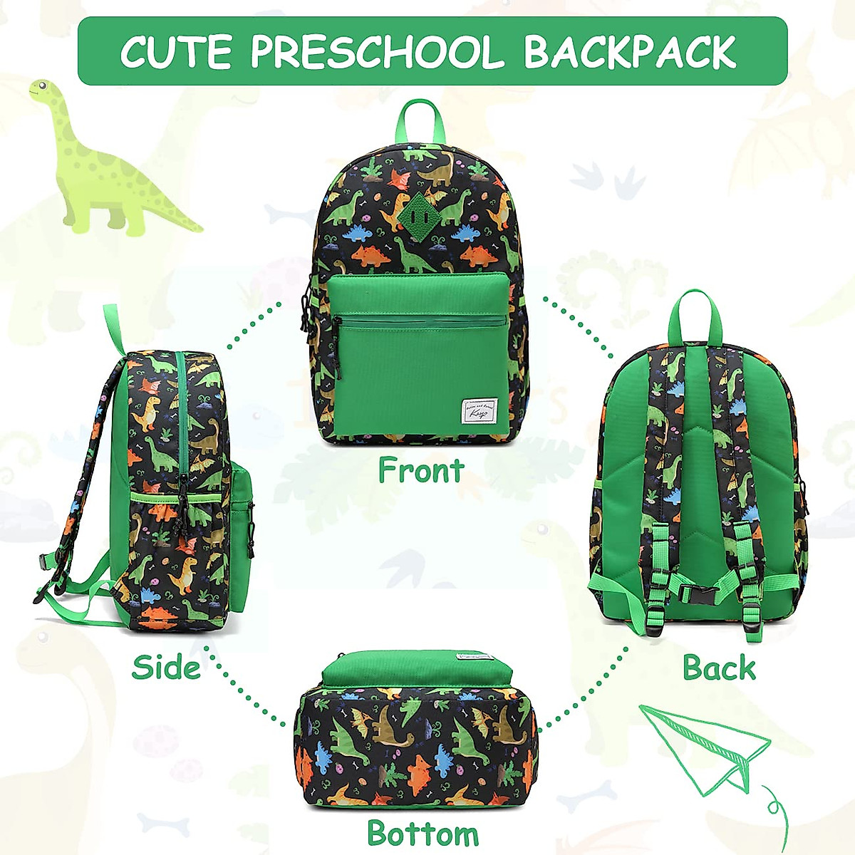 Kids Backpack, Kasqo Water Resistant Lightweight Preschool Toddler Bookbag with Chest Strap for Boys and Girls, Black Dinosaur