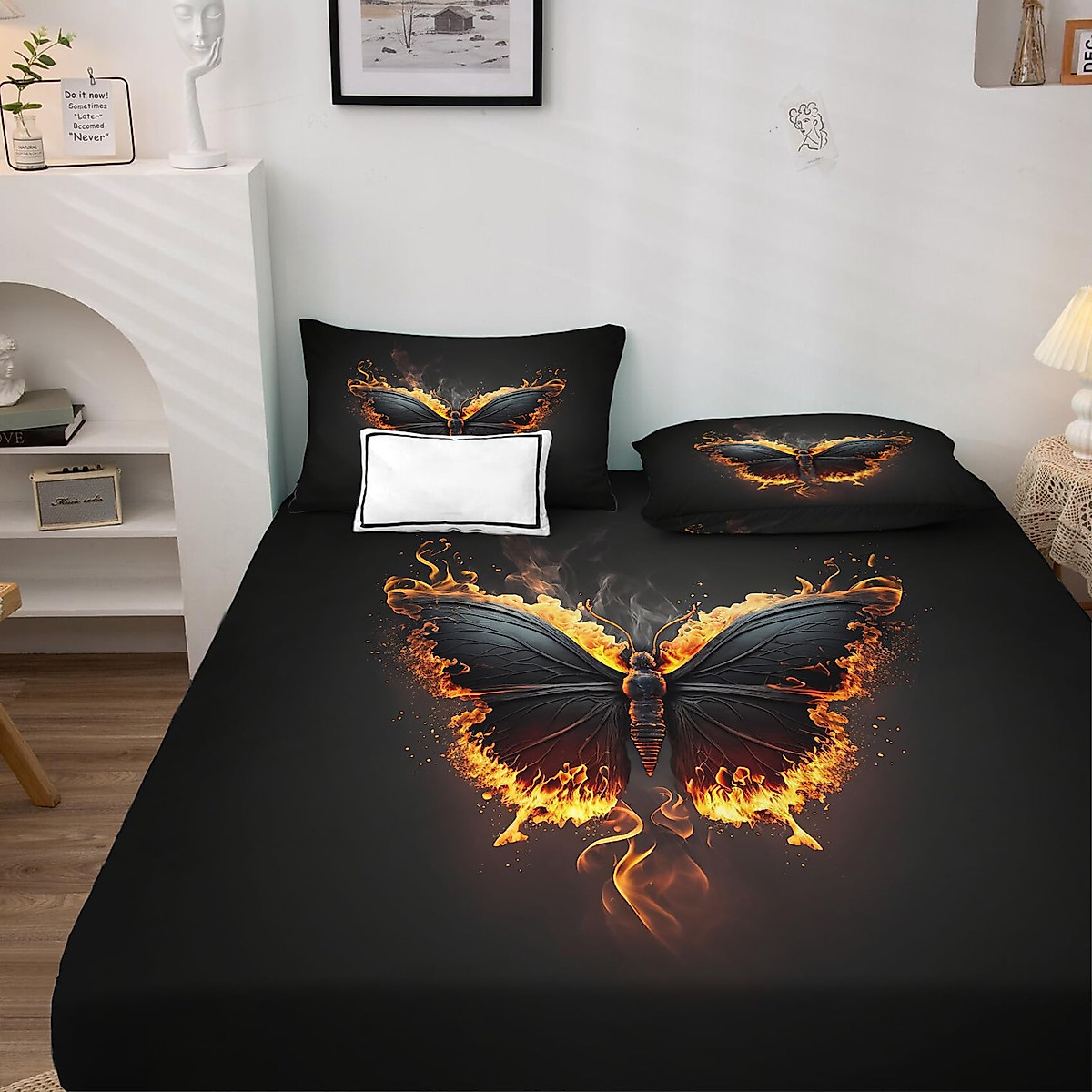 Moth Sheets Split King Size, Flame Bed Sheets, Patterned Bedding Sheets & Pillowcases 5 Piece Set - Soft Microfiber Deep Pocket 2 Fitted Sheet & Flat Sheet & 2 Pillow Cases B3-&-51