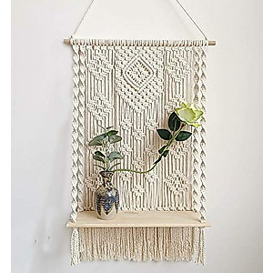 YuanKanJu Macrame Wall Hanging Shelf Bohemian Wall Decor Macrame Shelf Handmade Cotton Wood Hanging Shelf Organizer Hanger Bohemian Wall Decor Bohoboho Shelves (#4)