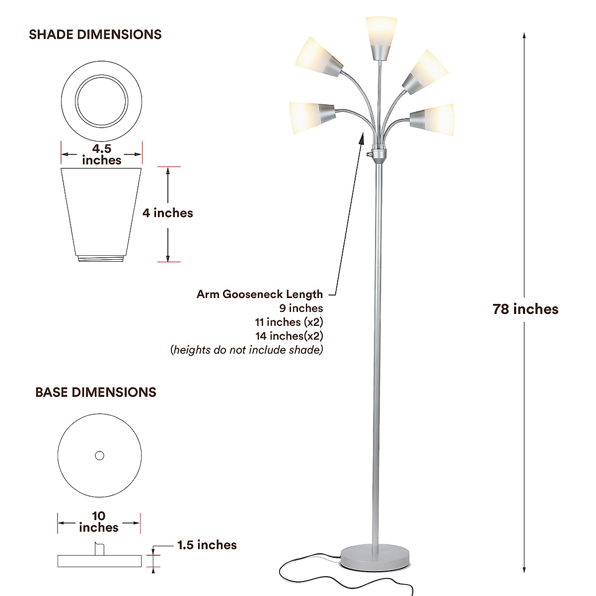 Brightech Medusa Modern LED Floor Lamp – Multi Head Dimmable Floor Lamp for Living Rooms & Offices – Tall Lamp with Interchangeable Shade, Standing Lamp with 5 LED Bulbs for Hobbies - Silver