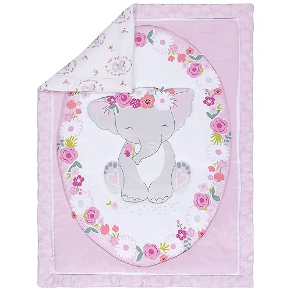 Sammy & Lou Elephant Garden 4-Piece Baby Nursery Crib Bedding Set for Girls, Includes Quilt, Fitted Crib Sheet, Crib Skirt, and Plush Toy