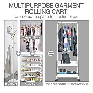 KINGRACK 2-in 1 Garment Rack, Clothing Rack with 2 Tier Metal Basket, Rolling Storage Cart Clothes Organizer Coat Rack Storage Stand on Wheels for Home Bedroom Laundry Small Place Entryway, White