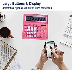 Office Desk Calculator 12 Digits with Solar Power and Easy to Read HD LCD Display, Big Buttons, for Financial Affairs,Home, Office, School, Class and Business,with Battery，Pink