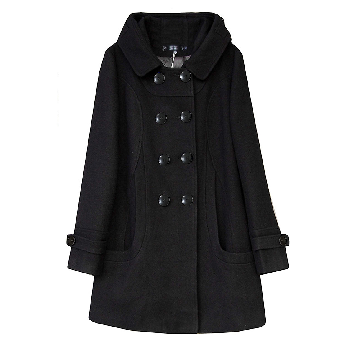 Tanming Women's Warm Double Breasted Wool Pea Coat Trench Coat Jacket with Hood (Black-XL)