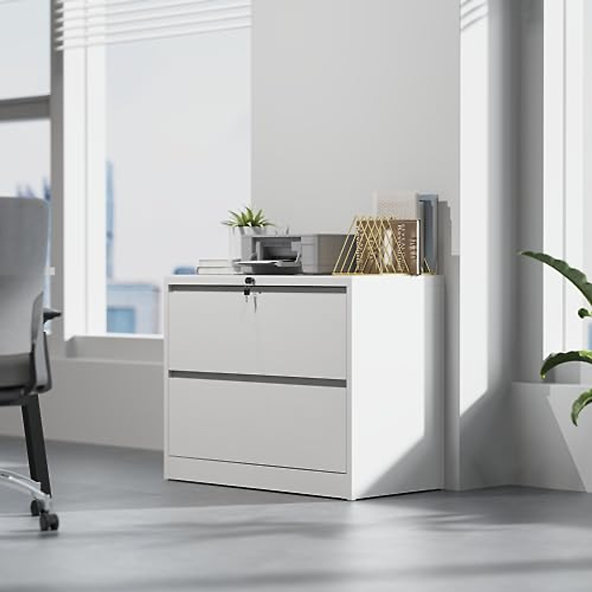 Hak 2 Drawer Locking File Cabinets for Home Office, Metal Office Lateral File Cabinet with Lock, Lockable Modent Filing Cabinet for Hanging Files Letter/Legal/F4/A4 Size, White