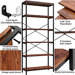 6 Tier Industrial Bookshelf, 71" Tall Open Bookcase, Rustic Wood Organizer Shelves on Metal Frame, Multi-Functional Storage Shelf Rack for Bedroom Living Room Garage Office Basement