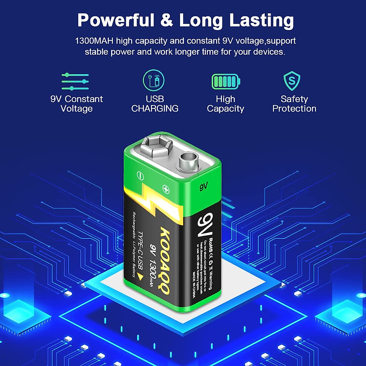 4-Pack Rechargeable 9V Batteries, High Capacity 1300mAh 9 Volt Lithium-ion Long Lasting Power, USB-C Recharge with 2 in 1 Charging Cable for Smoke Alarms,Multimeters,Toys,Microphones,Walkie-Talkie