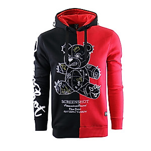 SCREENSHOT-H1113 Mens Urban Hip Hop Premium Fleece Hoodie - Shiny Black Bear Animation Cartoon Half Color Block Hooded Sweatshirt-Black/Red-3XLarge