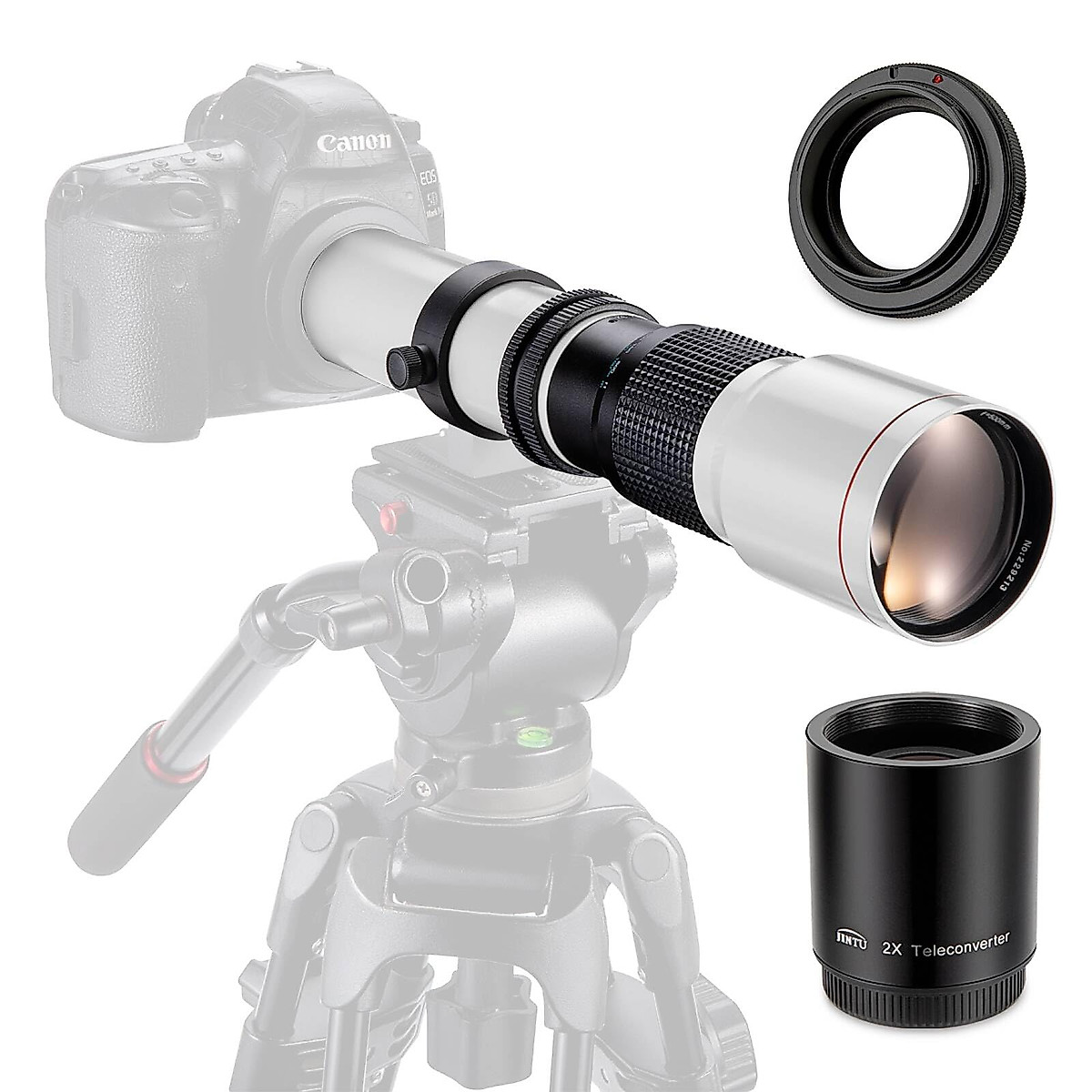 JINTU 500-1000mm f/8 Manual Telephoto Lens + T-Mount for Canon EOS Rebel SL2 SL1 T3 T3i T4i T5 T5i T6 T6i T6s T7 T7i 4000D 6D 7D 60D 70D 77D 80D 5D II/III/IV 550D 650D SLR Camera Lenses