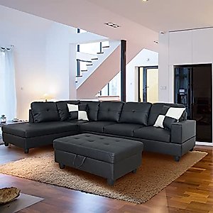 ERYE Faux Leather Corner Sectional Sofa Couch with Chaise and Storage Ottoman, L-Shaped Upholstered Sofa&Couch W/ 2 Pillows for Home Office Apartment Living Room Furniture Sets
