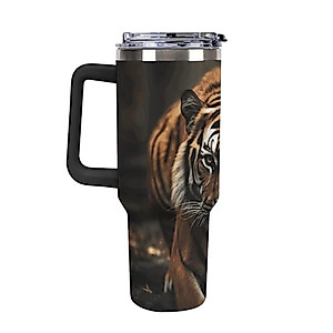 LLUTSNTH 40 Oz Vacuum Tumbler with Black Handle Leakproof Insulated Tumbler Wild Animals Tiger Stainless Steel Travel Mug with Lid And Straw Coffee Cup Cute Water Bottles Cup Holder Friendly