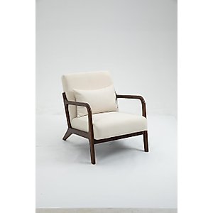 Prohon Mid Century Accent Solid Wood Frame & Waist Cushion, Comfy Upholstered Living Room Chairs, Lounge Reading Armchair for Bedroom Sunroom, Easy Assembly, White