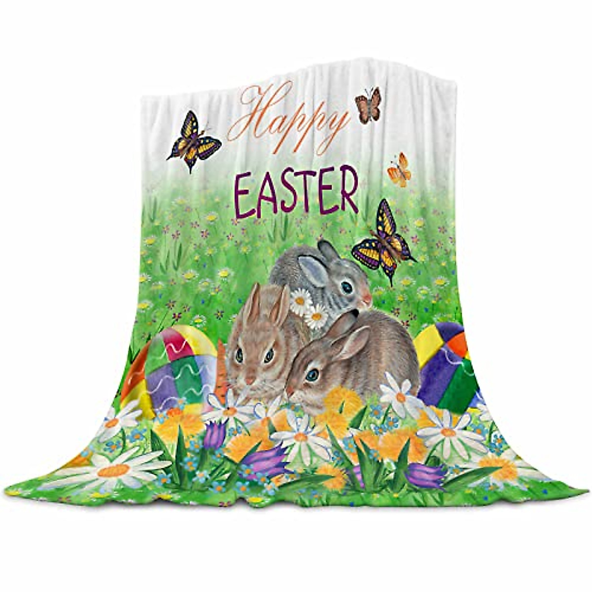 Happy Easter Blanket Easter Rabbit Bunny Eggs Spring Easter Throw Blanket Soft Lightweight Durable Flannel Blanket for Bed Sofa Couch Camping Travel 40"x50"