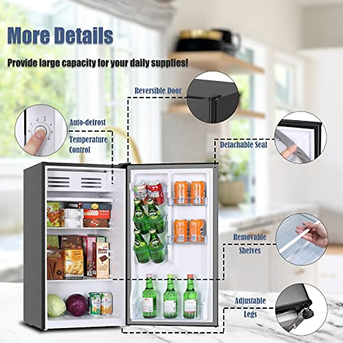 Frestec Mini Fridge with Freezer, 3.2 Cu.Ft Mini Refrigerator with One-touch Easy Defrost,37 dB Low Noise, Compact Small Refrigerator for Dorm, Bedroom, Office (Stainless Steel)