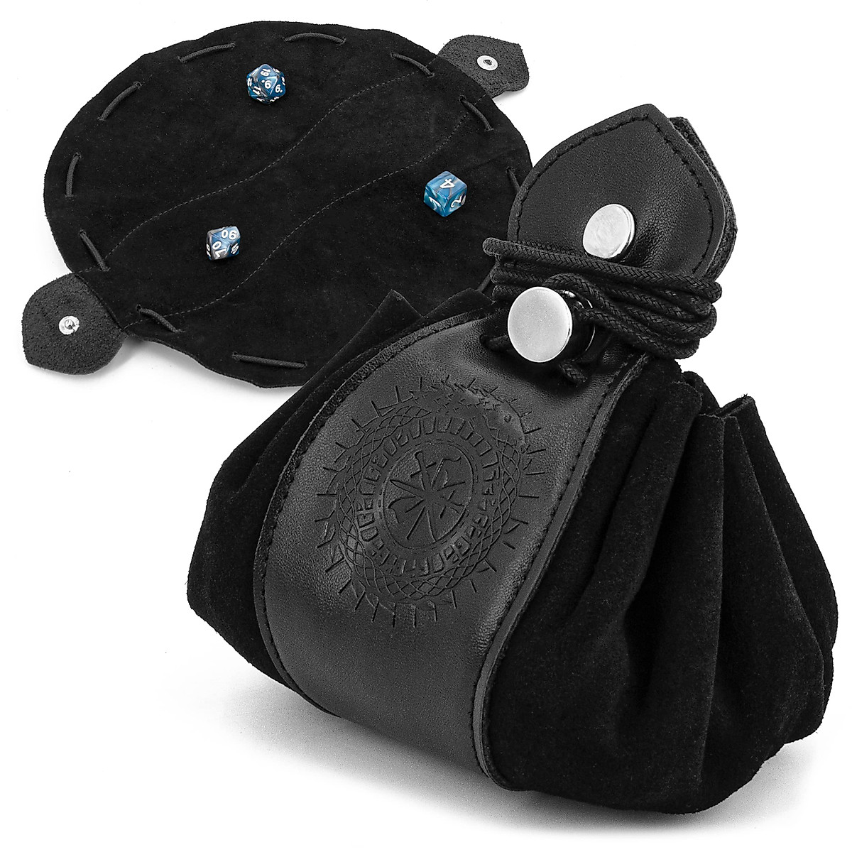 CASEMATIX Leather Dice Bag and Dice Rolling Tray for 50+ RPG Dice - Black DND Dice Bag Leather Drawstring Pouch with Non-Scratch Fabrics, Metal Hardware and Debossed Serpent Design