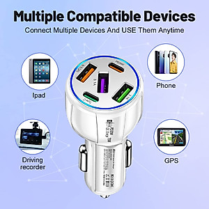 75W Ultra-Fast Car Charger, 30W/QC3.0/Type C 5-Port Smart Shunt 12 Volt Car Adapter Cigarette Lighter USB Charger Compatible with iPhone 14 Pro MAX/13,MacBook Pro,iPad Pro (3USB+2PD White)
