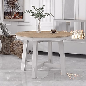 FIQHOME, Farmhouse Round Extendable 16" Leaf Table for Dining Room, Kitchen (Oak Natural Wood + Antique White)