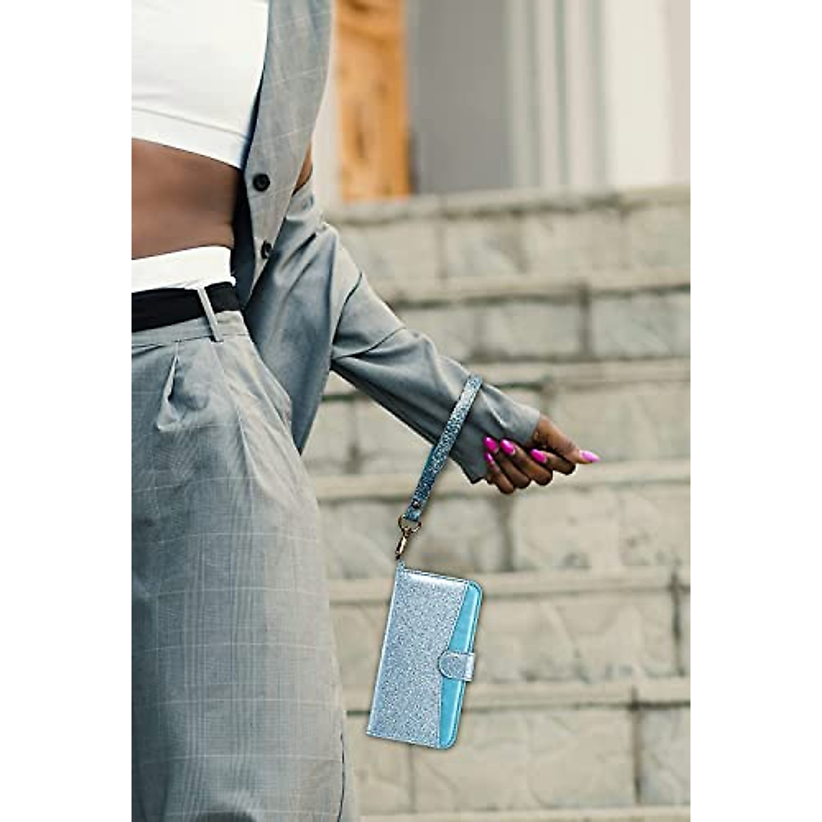 Coolwee Wallet Case Compatible iPhone 13 Pro Max Flip Folio Cover with Card Slots Kickstand Design Wrist Strap Girls Women Glitter PU Leather Compatible with Apple iPhone 13 Pro Max Blue Glitter