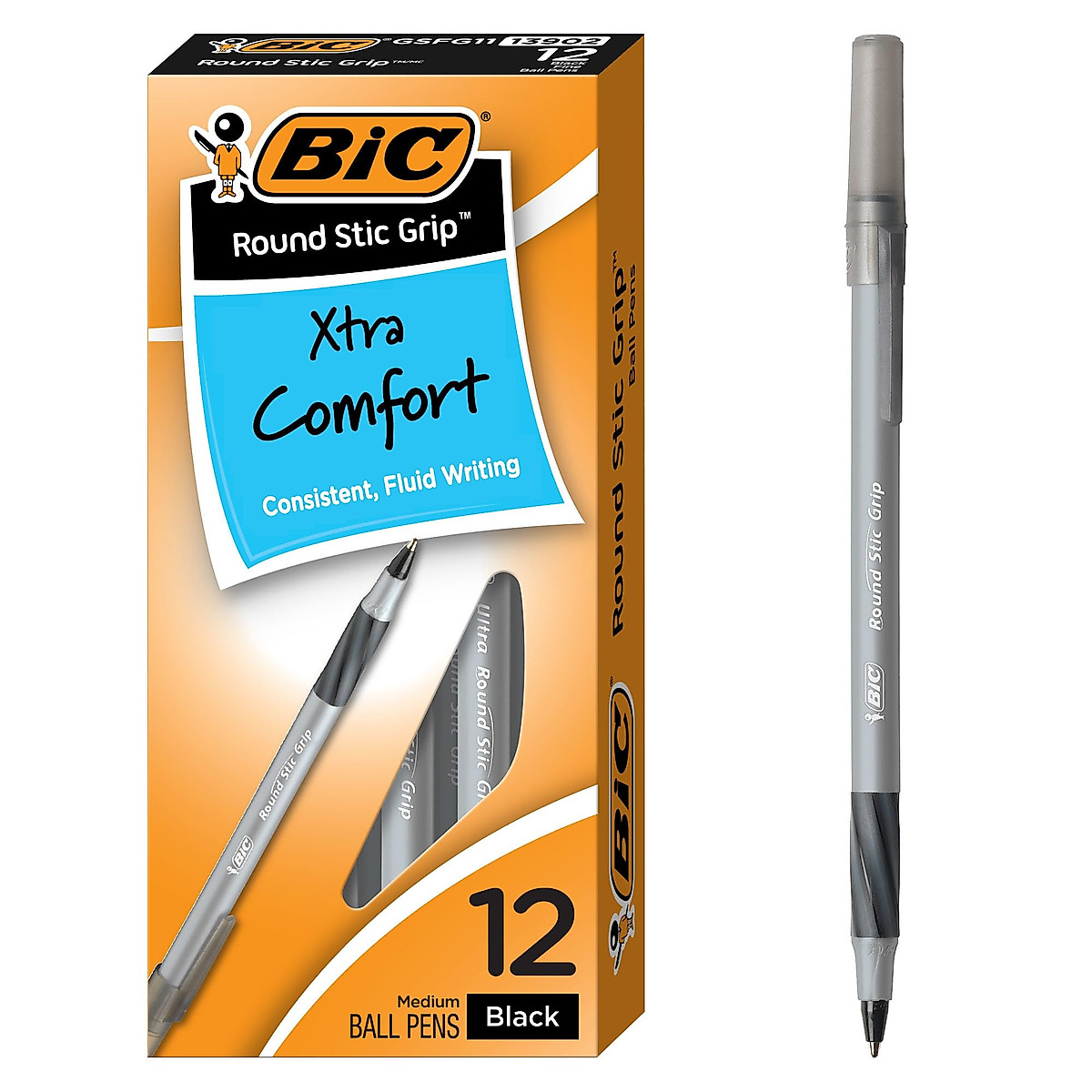 BIC Round Stic Grip Xtra Comfort Ballpoint Pen, Medium Point (1.2mm), Black, 12-Count